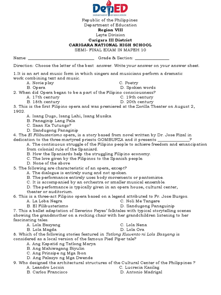 MAPEH 10 Semi-Final Exam Guide | PDF | Language Arts & Discipline ...