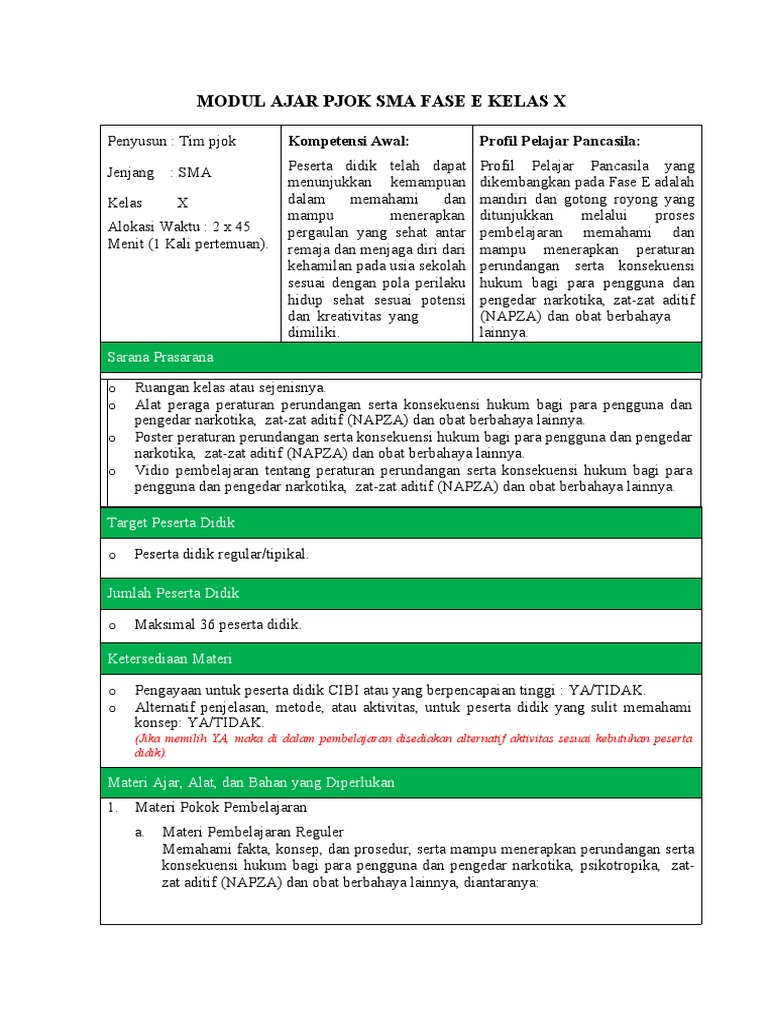 Modul Ajar Pjok Sma Fase e Kelas X | PDF