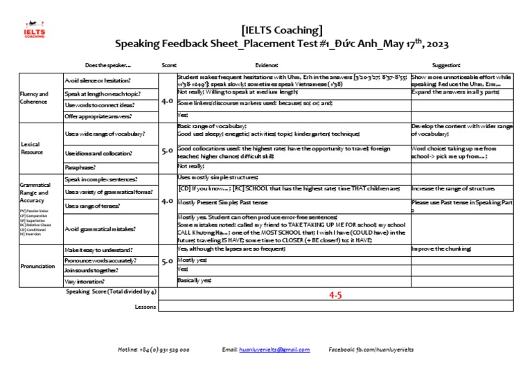 Speaking Feedback Sheet - Progress Test #1 - Đức Anh - June 17, 2023 | PDF Speaking Feedback Sheet - Progress Test #1 - Đức Anh - June 17, 2023 | PDF