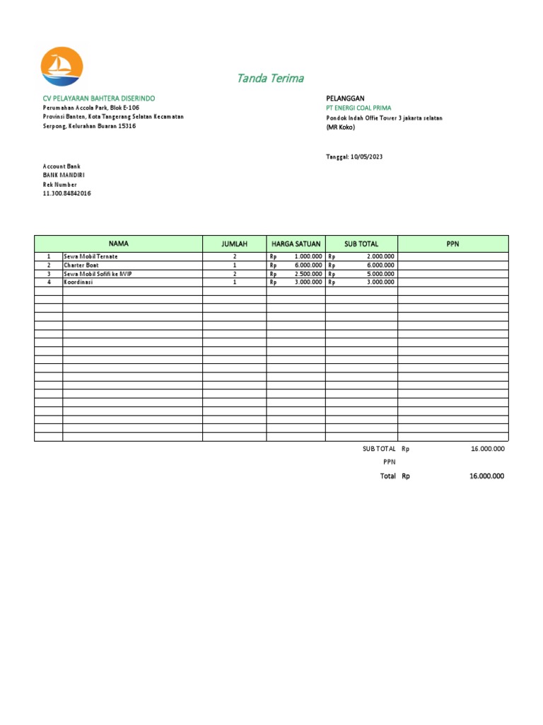 Invoice Sewa & Charter Transportasi | PDF