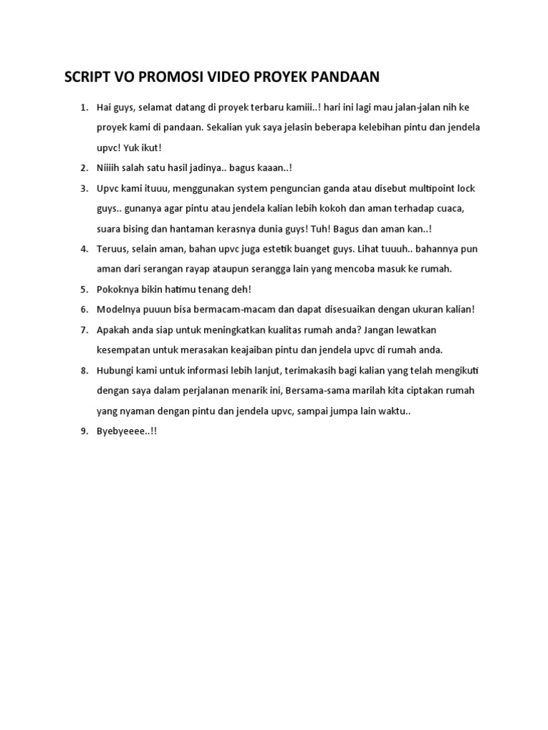 Script Vo Promosi Video Proyek Pandaan | PDF | Karier & Perkembangan ...