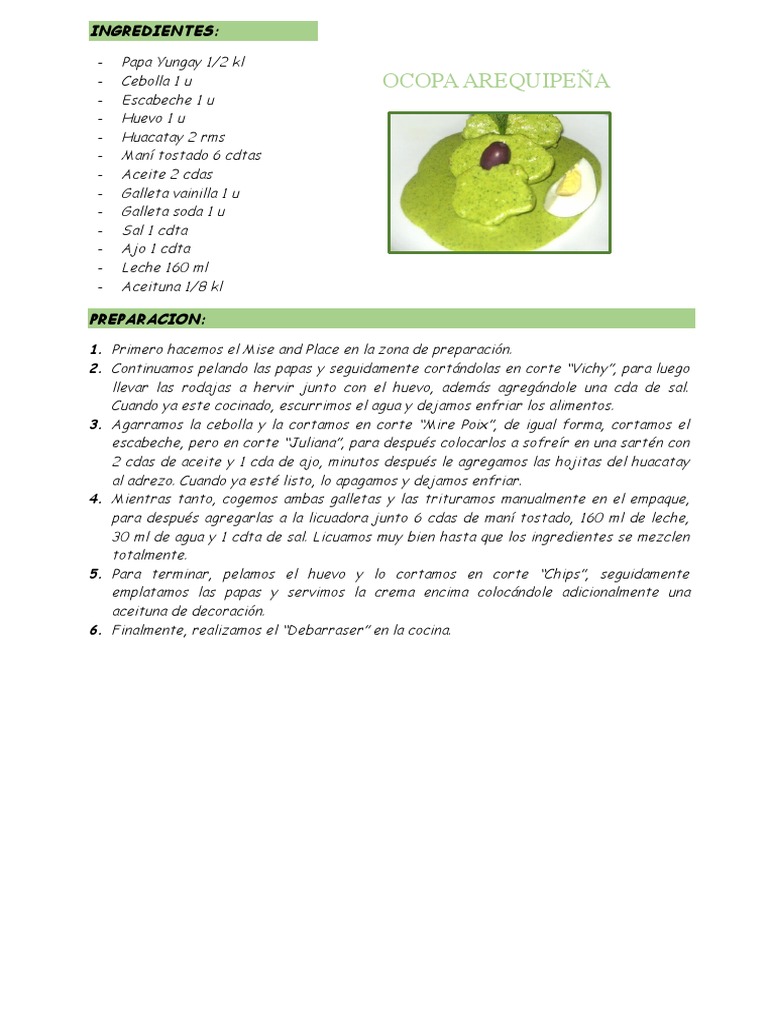 Ocopa A La Arequipeña - Preparacion y Costos | PDF