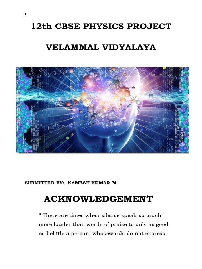 12Th Cbse Physics Project Velammal Vidyalaya: Acknowledgement | PDF
