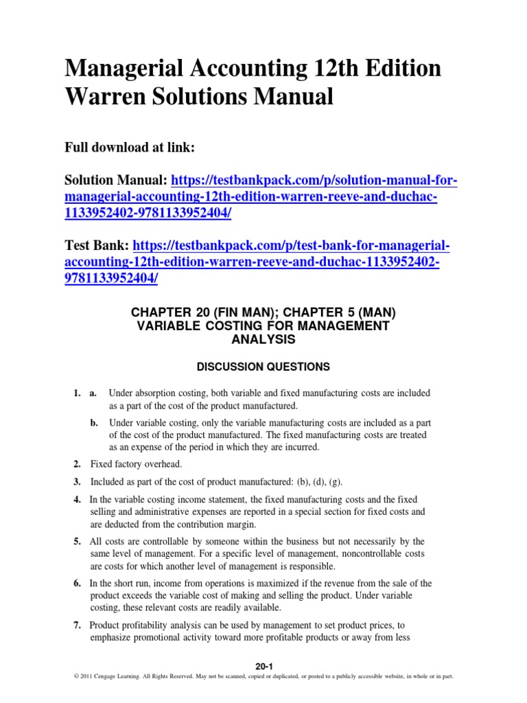 Managerial Accounting 12th Edition Warren Solutions Manual 1 Pdf