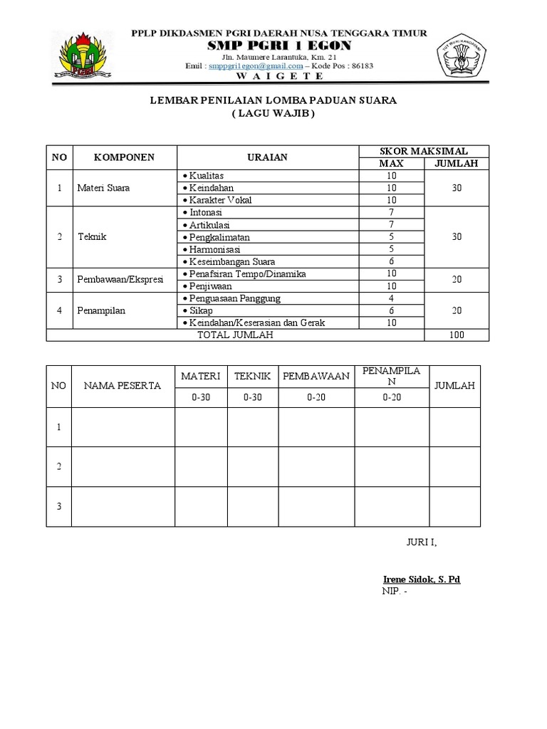 Lembar Penilaian Lomba Paduan Suara Spegon 2022 | PDF