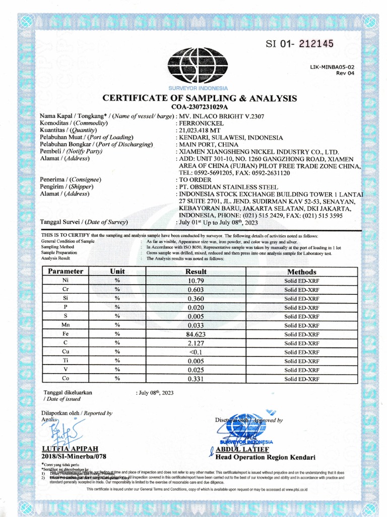 Coa-2307231029a, Cow-2307230957a, PT Obsidian Stainless Steel, Mv ...