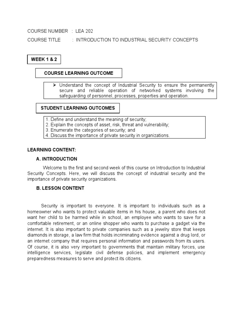Week 1 2 - LEA 202 Introduction To Industrial Security Concepts | PDF