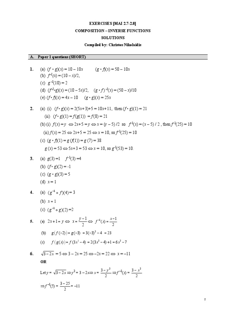 MAI 2.7-2.8 COMPOSITION - INVERSE FUNCTIONS Solutions | PDF