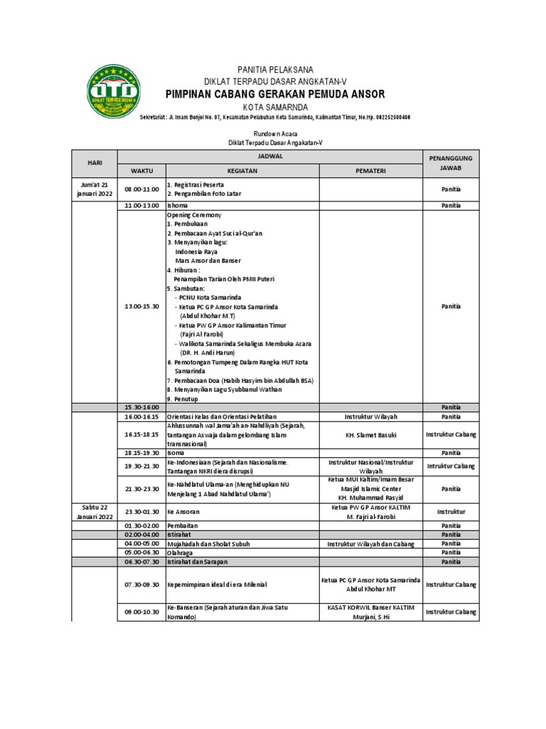 Rundown DTD Angkatan-V Ansor Samarinda | PDF