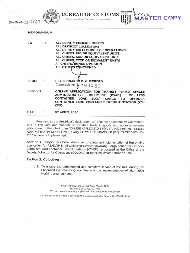 Ocom-Memo-81-2020-Online Application For Transit PSAD | PDF