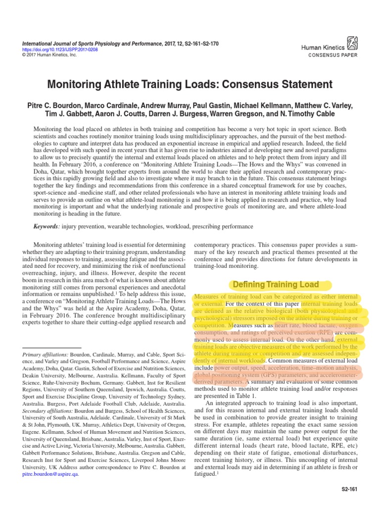 Monitoring Athlete Training Loads Consensus Statement | PDF