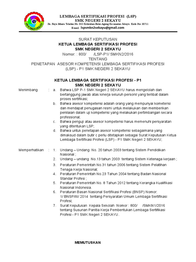 SK Penetapan Kompetensi Asesor Skema | PDF