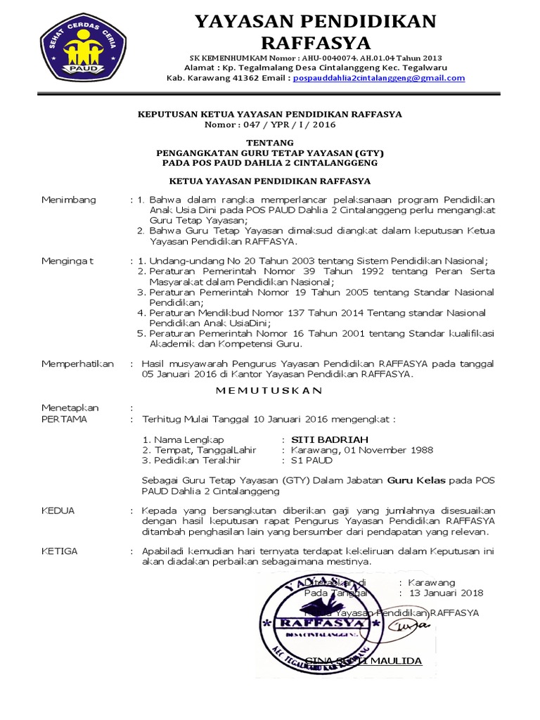 SK Pengangkatan & Penugasan Guru SIBAD | PDF