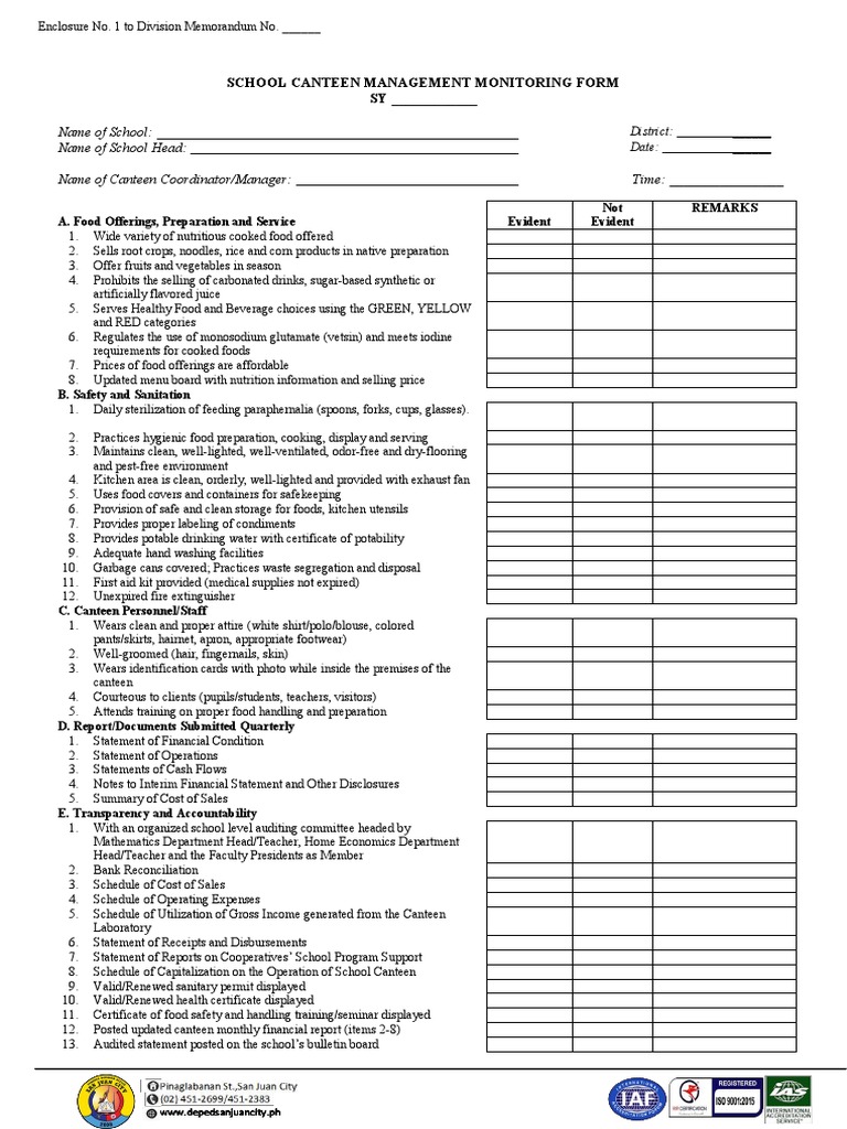School Canteen Monitoring Form | PDF | Business | Wellness