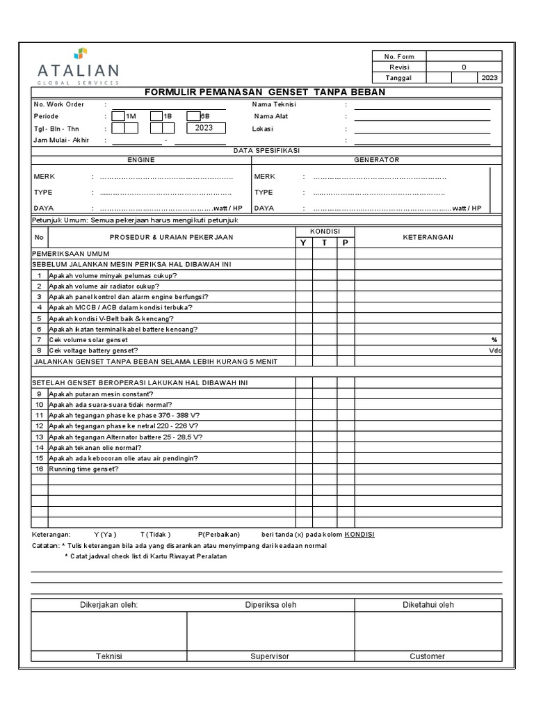 Form Pemanasan Genset Mingguan | PDF | Teknologi & Rekayasa
