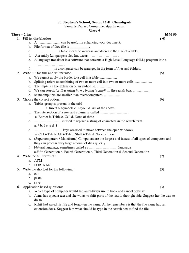 class 6 sample paper ICSE Computer Applications | PDF