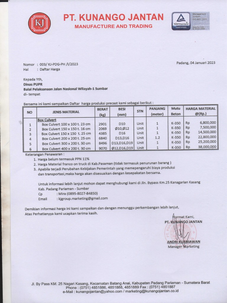 Harga Box Culvert 1x1, 1,5x1,5, 2x2, 3x2, 4x2 Kunango Jantan Januari ...