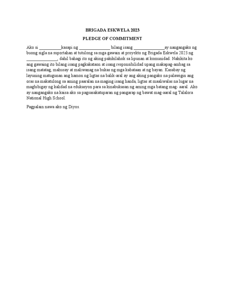 BRIGADA ESKWELA 2023 Pledge of Commitment | PDF | Career & Growth ...