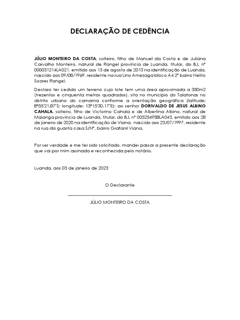 Declaração de Cedência Sr. Júlio | PDF