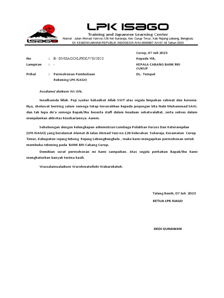 Permohonan Pembukaan Rekening Isago Bri | PDF