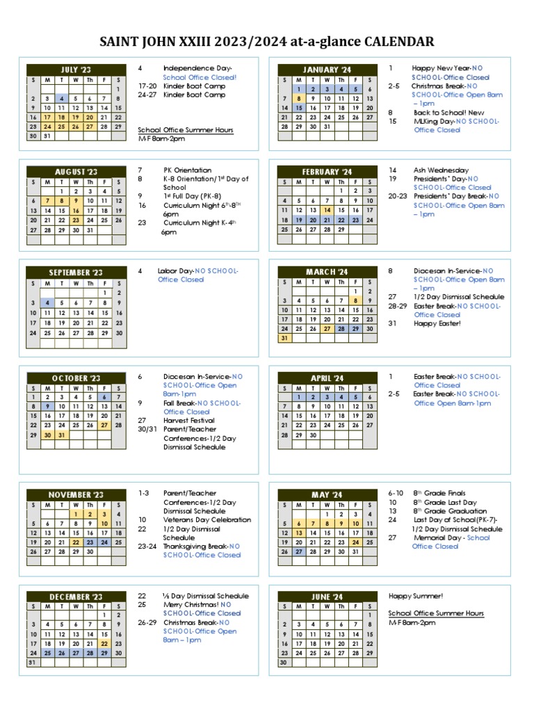 2023 24 at A Glance School Year Calendar | PDF | Christian Festivals ...