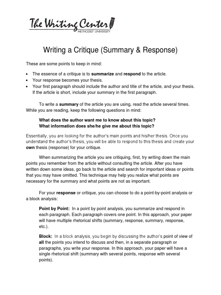 Writing A Critique (Summary & Response) | PDF