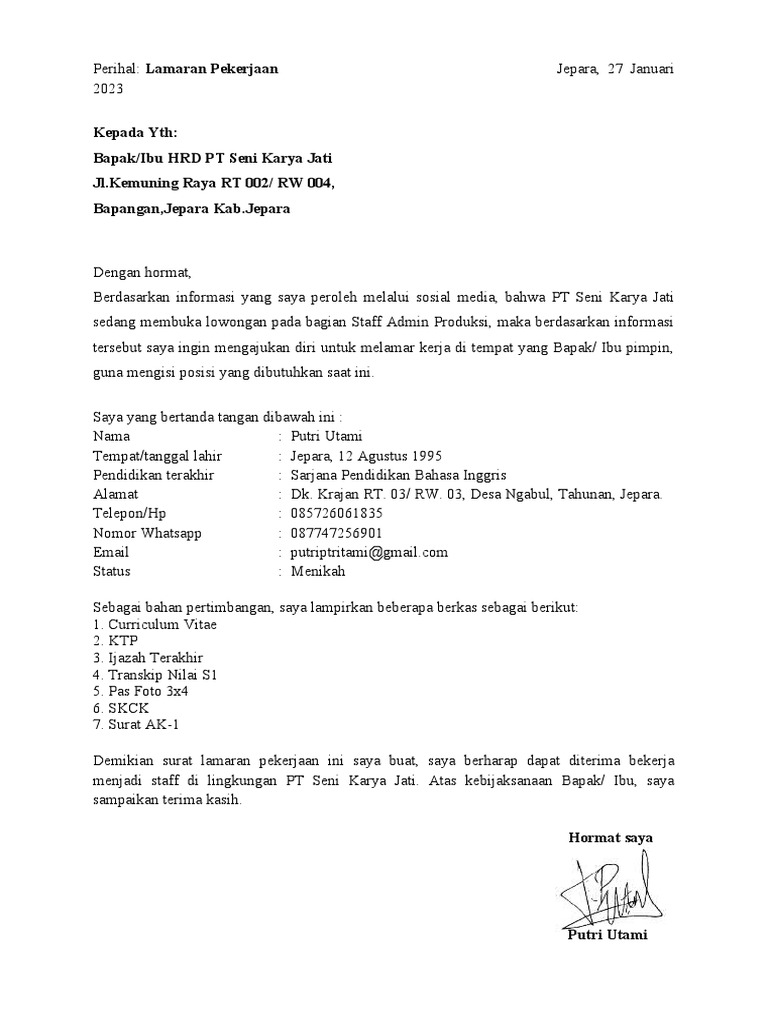 Contoh Surat Lamaran PT | PDF