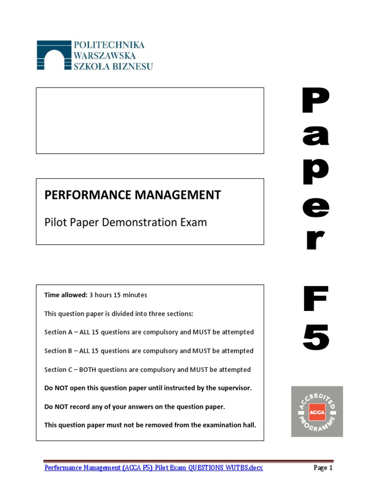 ACCA F5 Performance Management Exam Questions | PDF | Finance & Money ...