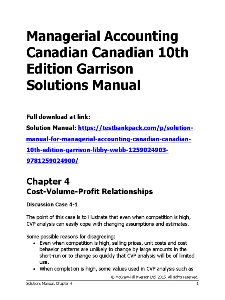 Managerial Accounting Canadian Canadian 10th Edition Garrison Solutions Manual 1 | PDF