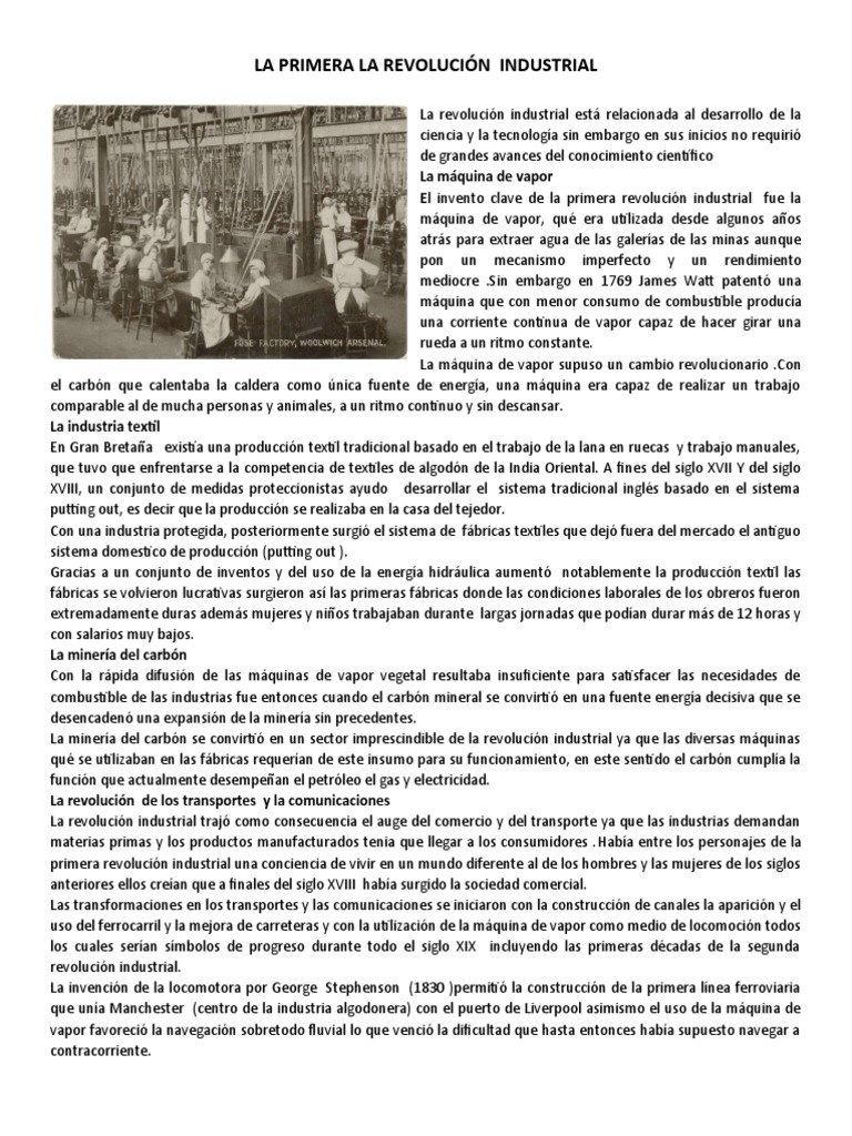 LA PRIMERA LA REVOLUCIÓN INDUSTRIALlectura | PDF | Revolución ...
