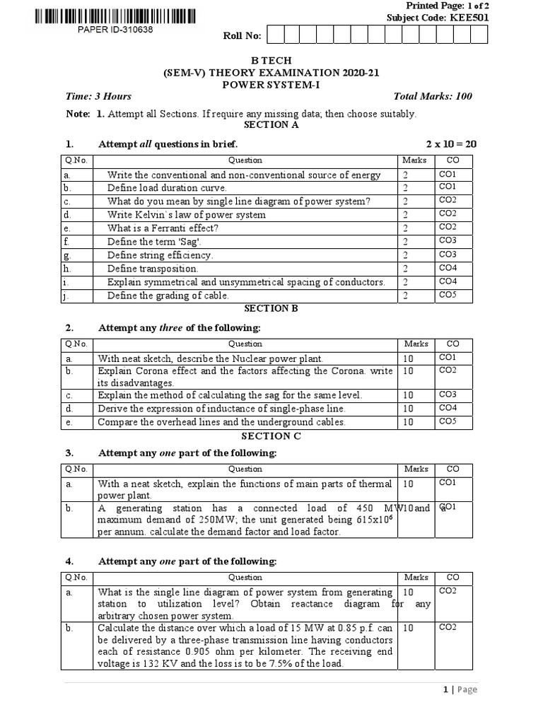 Btech Ee 5 Sem Power System 1 Kee501 2021 | PDF Btech Ee 5 Sem Power System 1 Kee501 2021 | PDF
