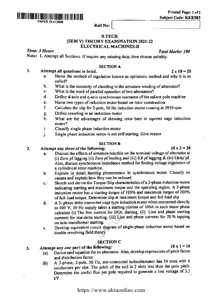 Btech Ee 5 Sem Electrical Machines 2 Kee503 2022 | PDF Btech Ee 5 Sem Electrical Machines 2 Kee503 2022 | PDF