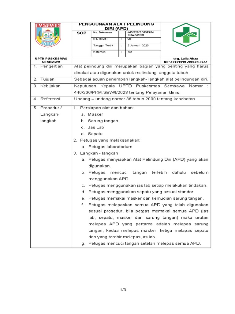 Sop Penggunaan Alat Pelindung Diri (Apd) | PDF
