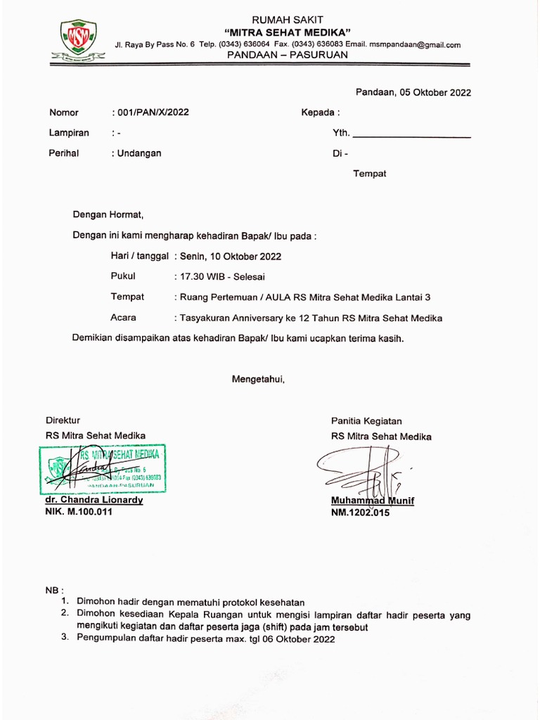 Undangan Tasyakuran Anniversary Ke 12 Tahun RS Mitra Sehat Medika | PDF