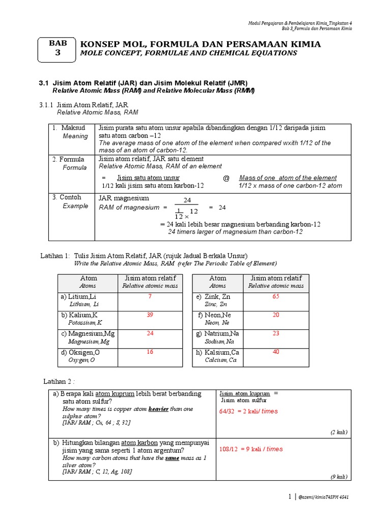 Bab 3 Konsep Mol, Formula Dan Persamaan Kimia | PDF