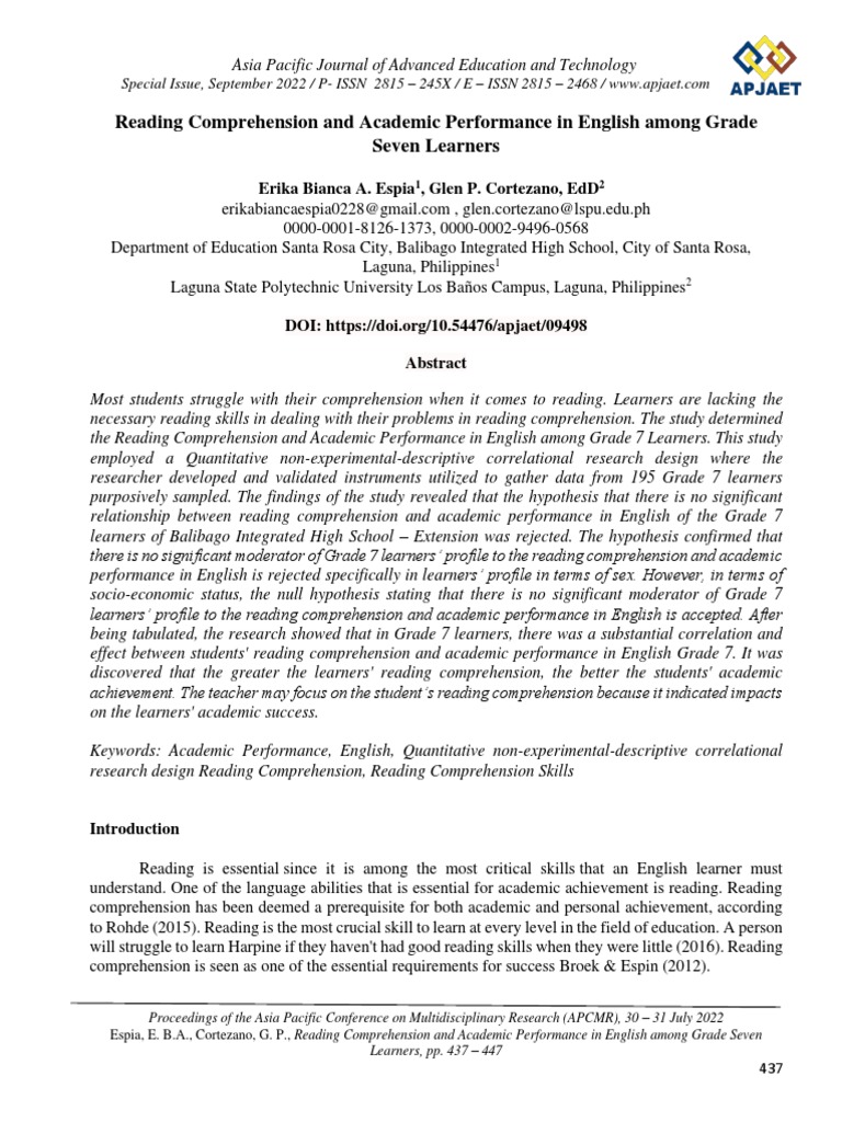 Reading Comprehension and Academic Performance in English Among Grade ...