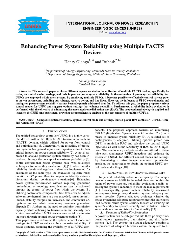 Enhancing Power System Reliability Using Multiple Facts Devices Pdf Power Inverter