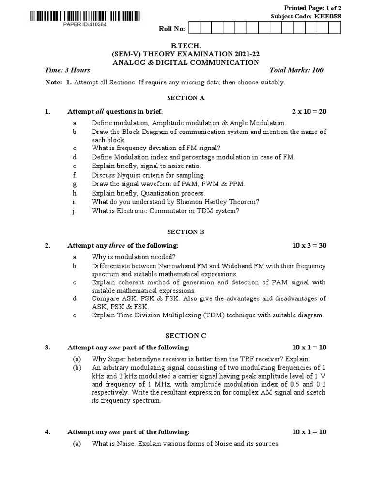 Btech Ee 5 Sem Analog and Digital Communication Kee058 2022 | PDF