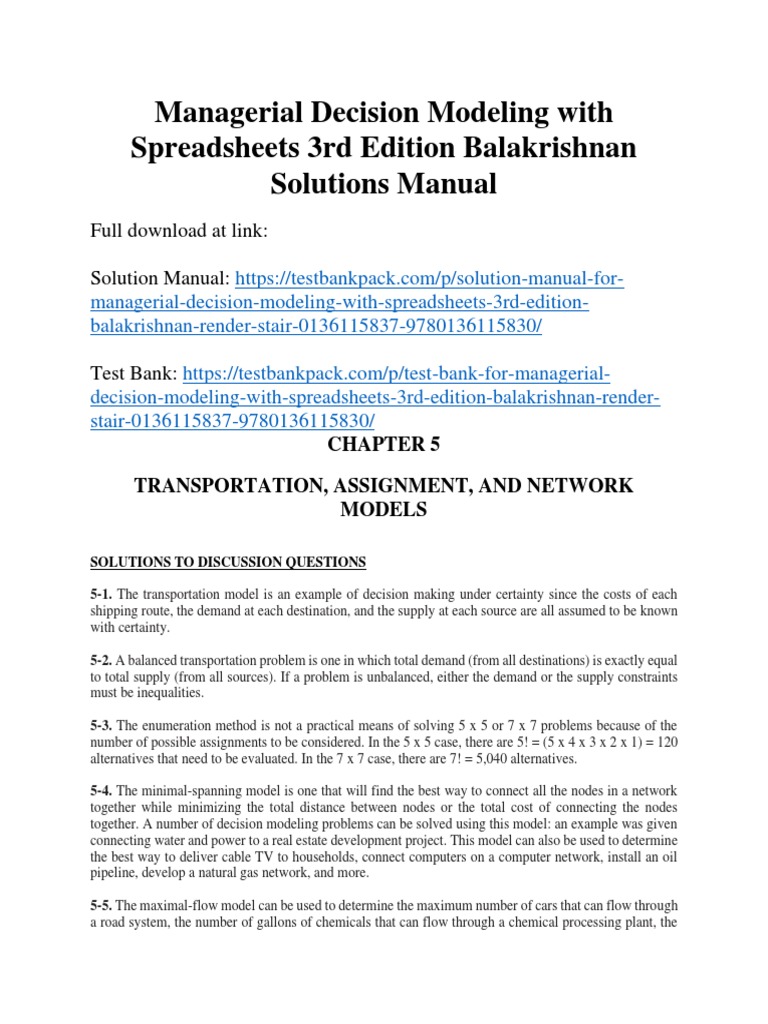 Managerial Decision Modeling With Spreadsheets 3rd Edition Balakrishnan Solutions Manual 1 | PDF ...