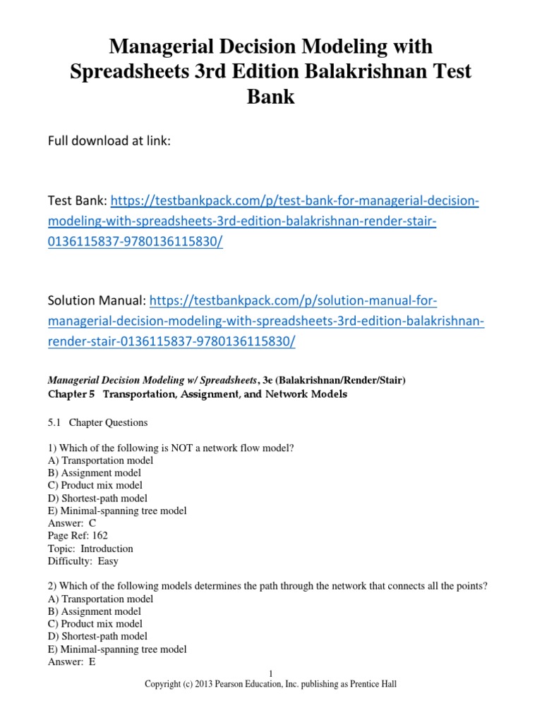 Managerial Decision Modeling With Spreadsheets 3rd Edition Balakrishnan ...