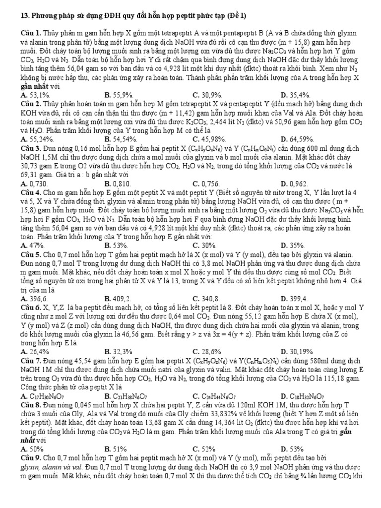 Phuong Phap Su Dung DDH Quy Doi Hon Hop Peptit Phuc Tap de 1 File Word Co Loi Giai | PDF