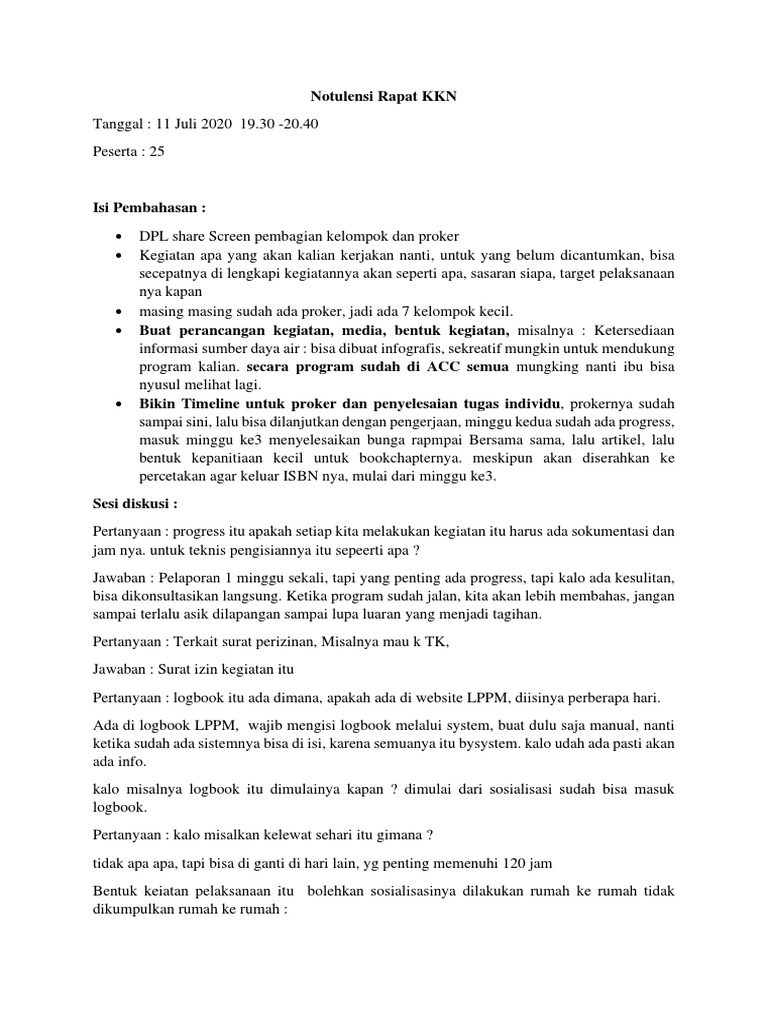 Notulensi Rapat KKN 11 Juli 2022 | PDF Notulensi Rapat KKN 11 Juli 2022 | PDF