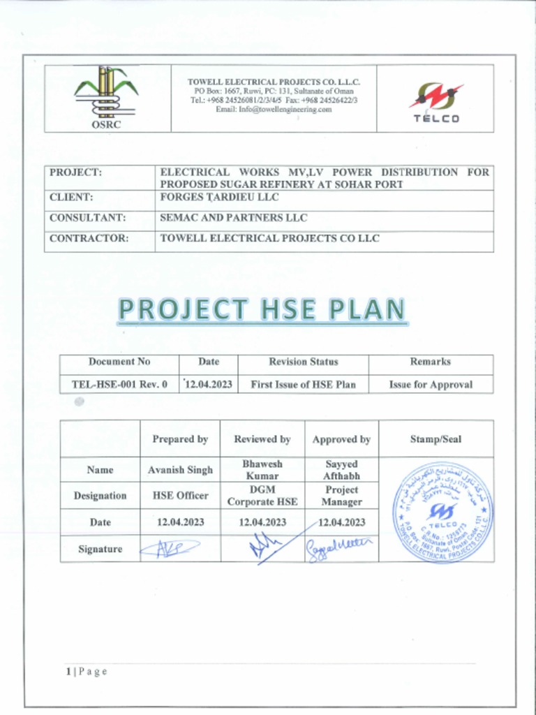 Project Hse Plan Telco-Hse-001 Rev. 0 | PDF | Risk | Hazards