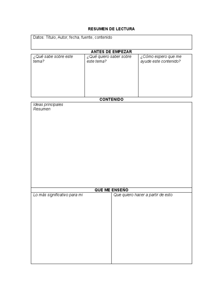 Plantilla Resumen de Lectura | PDF