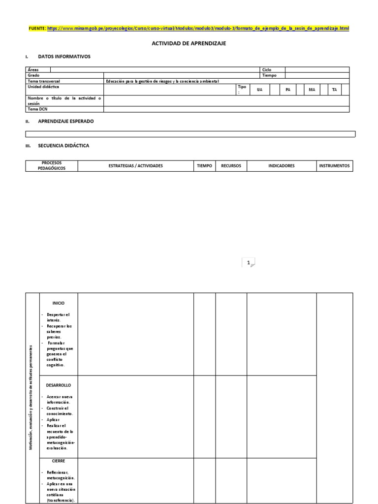 Formato Sesion de Aprendizaje Inicial | PDF | Evaluación | Aprendizaje