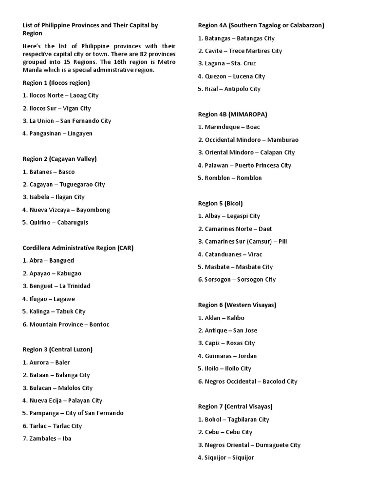 List of Philippine Provinces and Their Capital by Region | PDF
