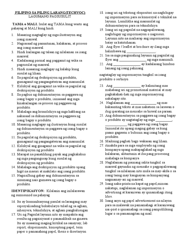 Filipino Sa Piling Larang (Long Quiz) | PDF