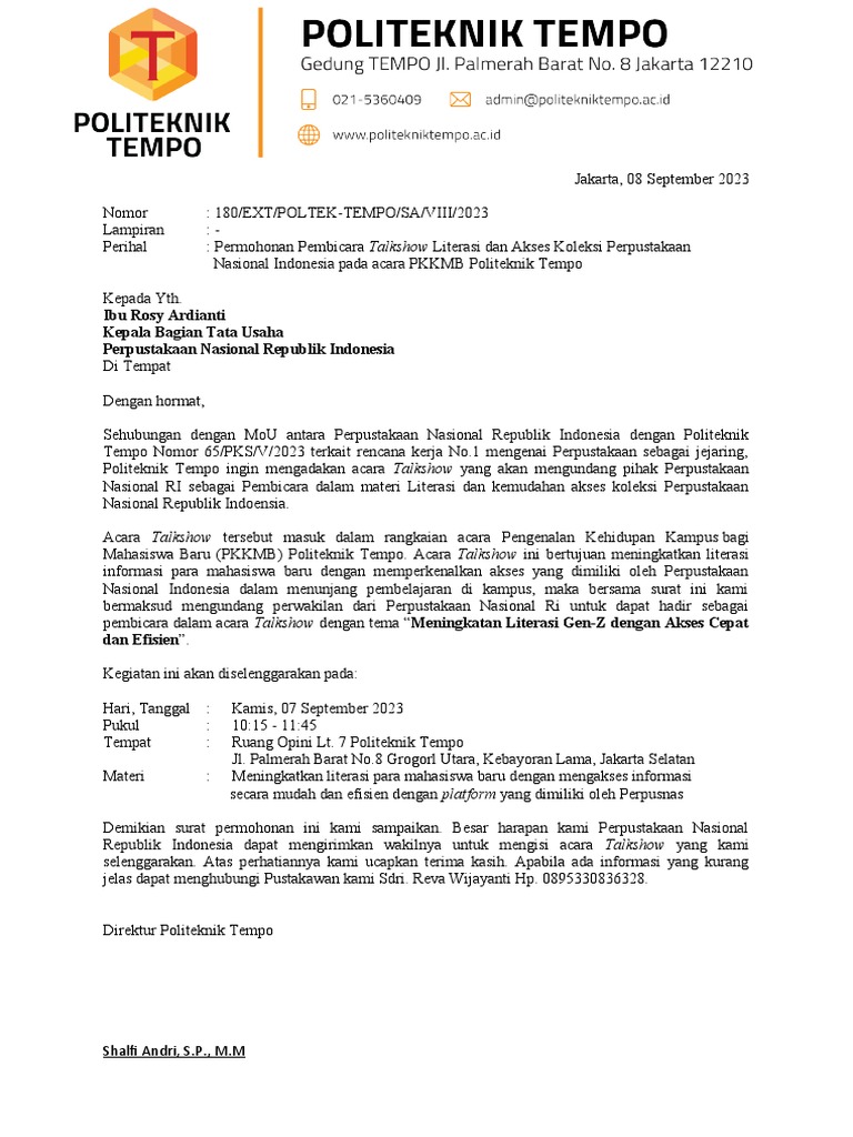 Surat Undangan Talkshow Perpusnas PKKMB | PDF