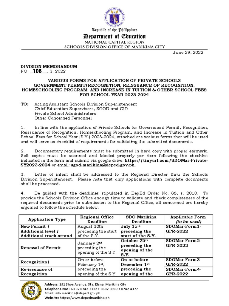 Division Memorandum No. 106 s. 2022 - Various Forms for Application of ...