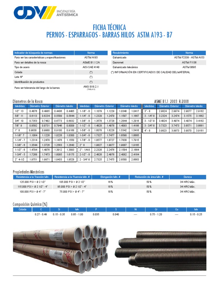 Ficha Tecnica de Pernos y Esparragos A193-B7 | PDF